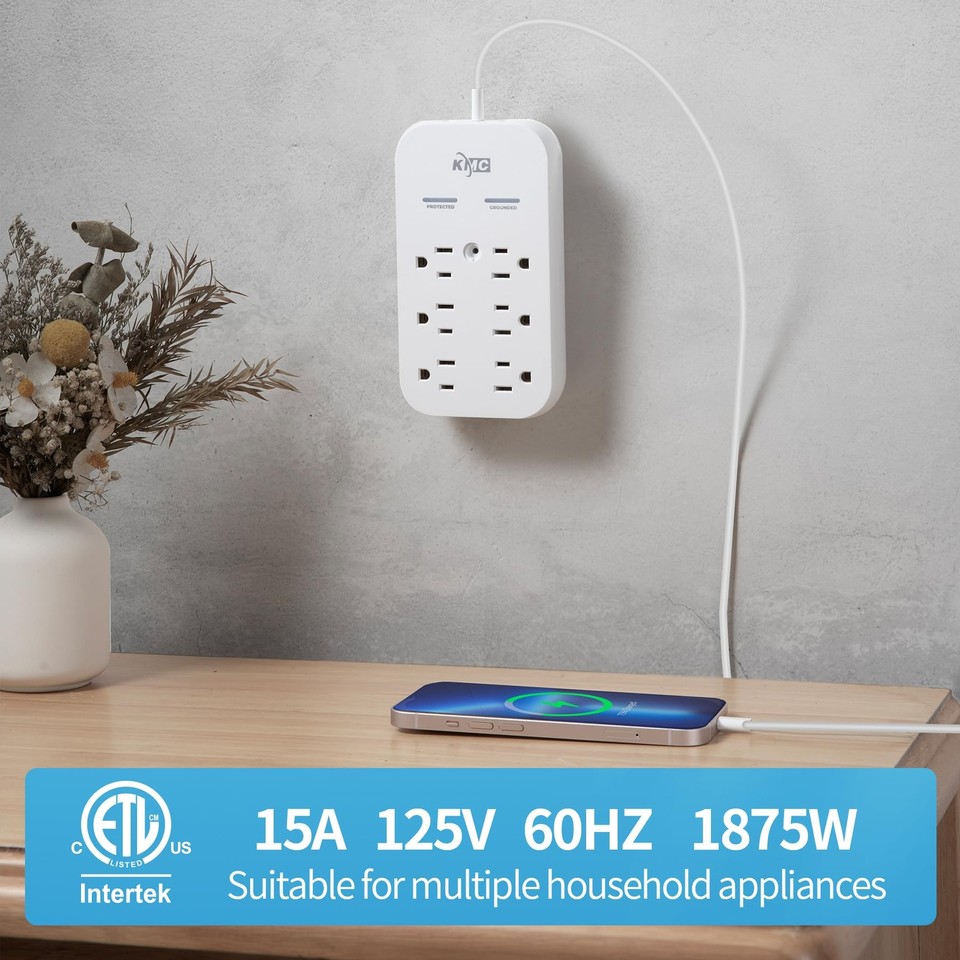 KMC 6-Outlet Extender USB-C PD Surge Protector Wall Tap, Multi-Plug USB ...