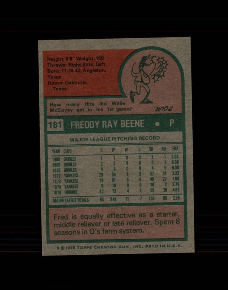 1975 Topps Baseball #181 Fred Beene STARX 9 MINT CS66797 | eBay