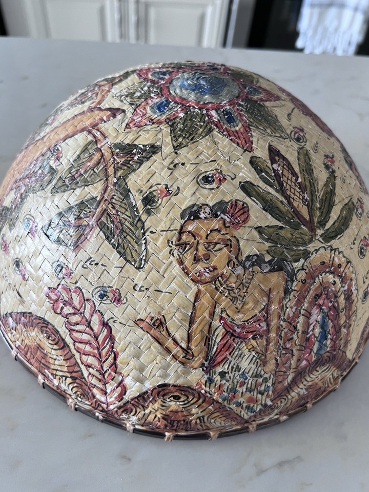 Vintage Multicolor East Asian Hand Painted Rattan Bamboo Coolie Farmer ...