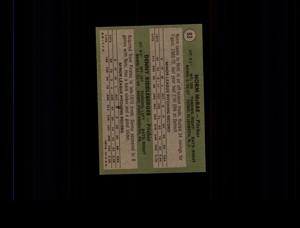 1971 Topps 93 Rookie Stars Norm McRae/Denny Riddleberger EX #D527937 | eBay