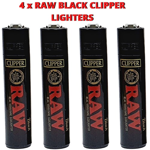 4 x Raw Clipper Lighters BLACK Set Rare Design, Refillable Gas, Flint ...