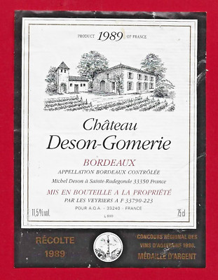 94 91 Etiquette BORDEAUX Château Deson-Gomerie 1989 M. Deson à Ste ...