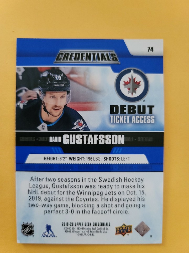 2019-20 Upper Deck Credentials David Gustafsson Rookie Debut Ticket ...