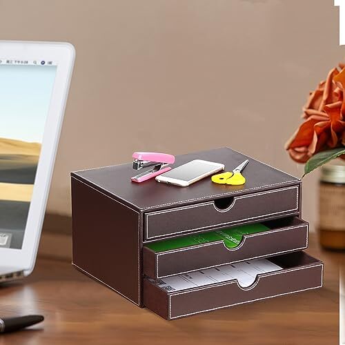 Leather Desk Organizer with 3 Drawers, Stackable Desktop Storage Box A ...