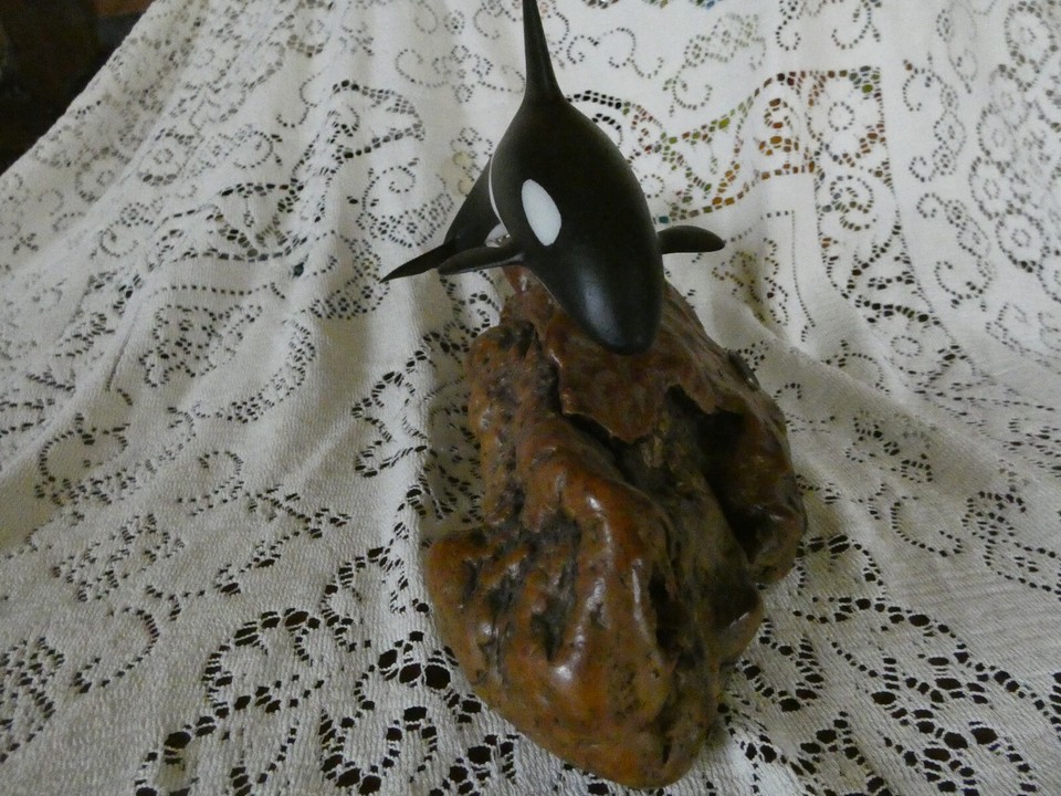 John Perry Orca Killer Whale Art Sculpture on Burl Wood Base Marine ...