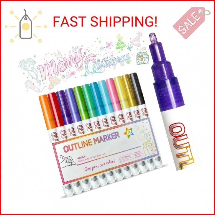Glitter Markers Outline Pens Metallic Shimmer Marker, 12 Cute Tween ...