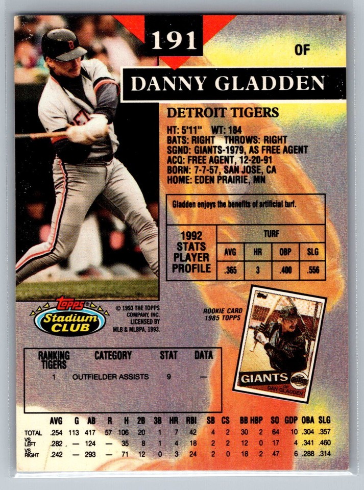 1993 Stadium Club Baseball #191 Danny Gladden Detroit Tigers | eBay