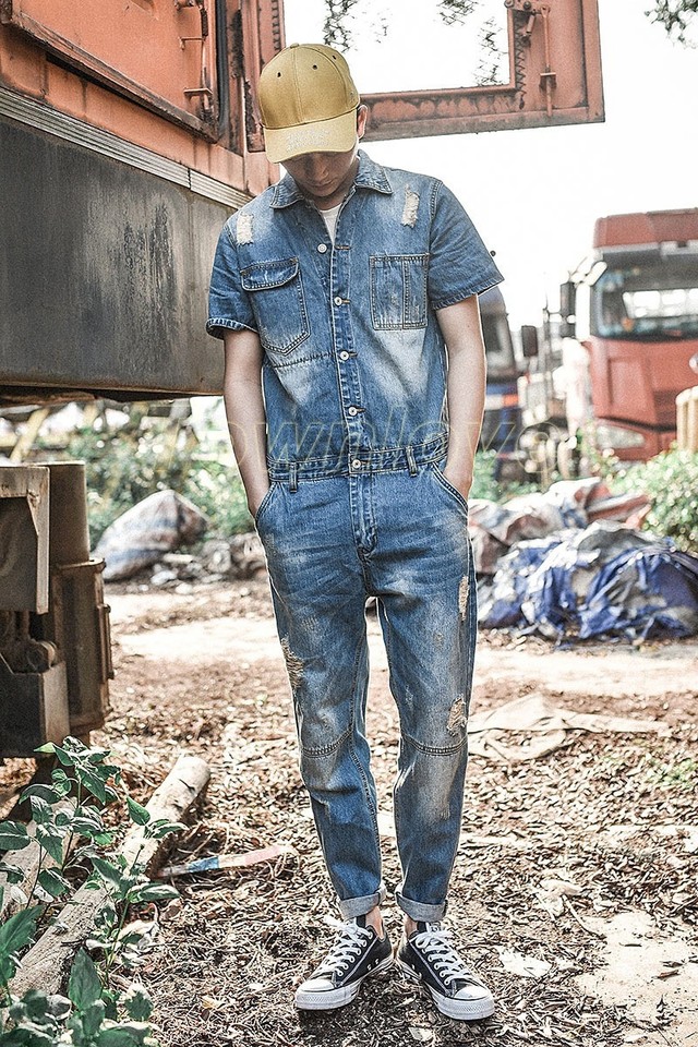 Men Retro Casual Ripped Hole Denim Overalls Jumpsuits Jeans Rompers ...