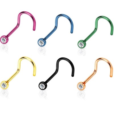 NOSE SCREW STUD PIERCING RING CLEAR GEM TOP MADE W/IP SURGICAL STEEL ...