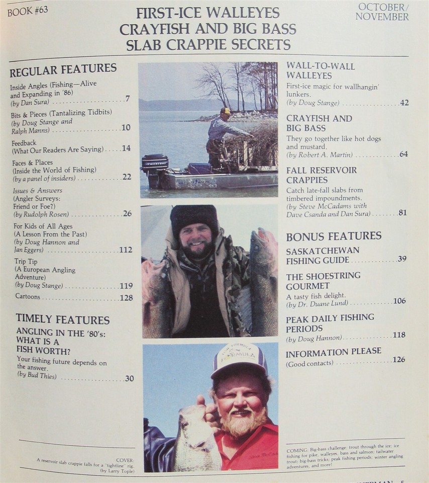 #63 Oct Nov 1985 In Fisherman Magazine First Ice Walleyes crayfish VF ...