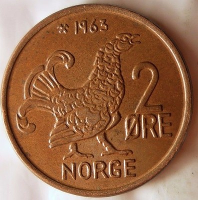 1963 NORWAY 2 ORE - MOOR HEN - Excellent Coin - FREE SHIP- Norway Bin ...