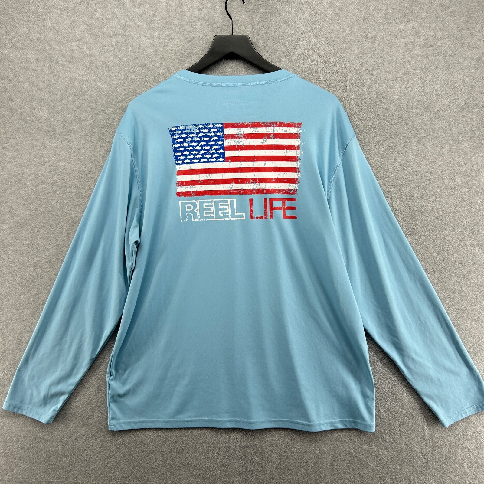 Reel Life Shirt Mens Size XXL Blue Long Sleeve Graphic Flag Performance ...