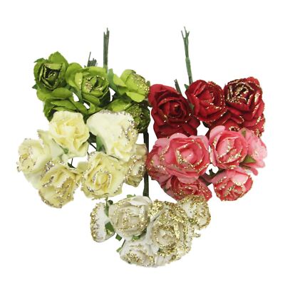 2x Bunches of Mini Paper Gold Glittered Roses - Fake Flowers Xmas Craft ...