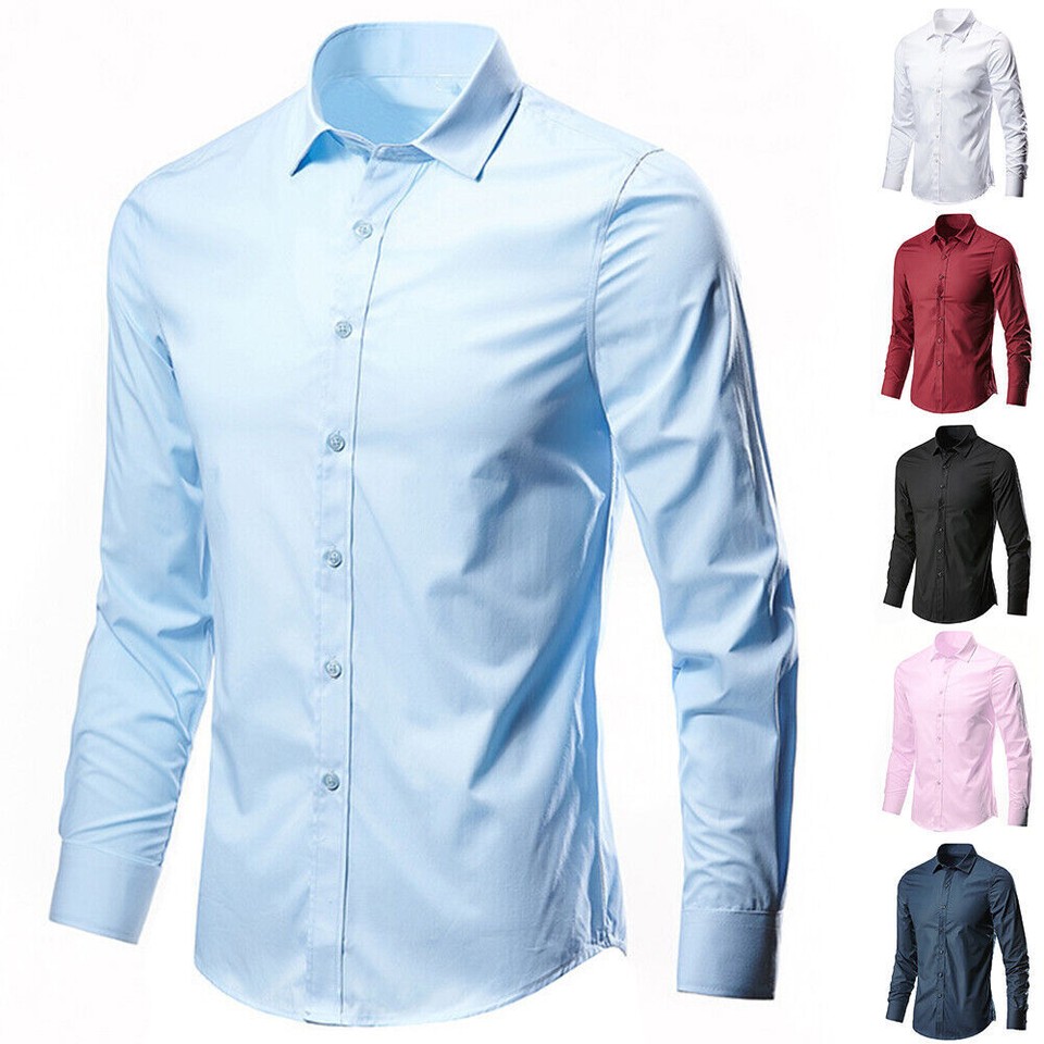 Men's Shirt Tops Plain Smart Shirts Long Sleeve Business Formal Casual ...