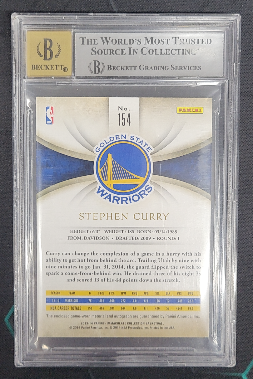 2013-14 Panini Immaculate Stephen Curry 2-color Patch Auto /75 BGS 9/10 ...