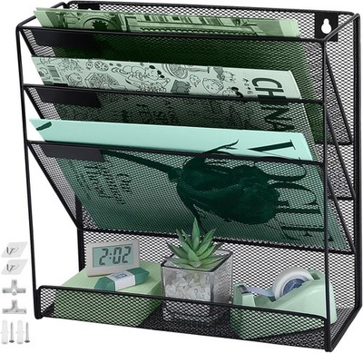 3 Pockets Mesh Wall File Holder Organizer with Bottom Flat Tray Office ...