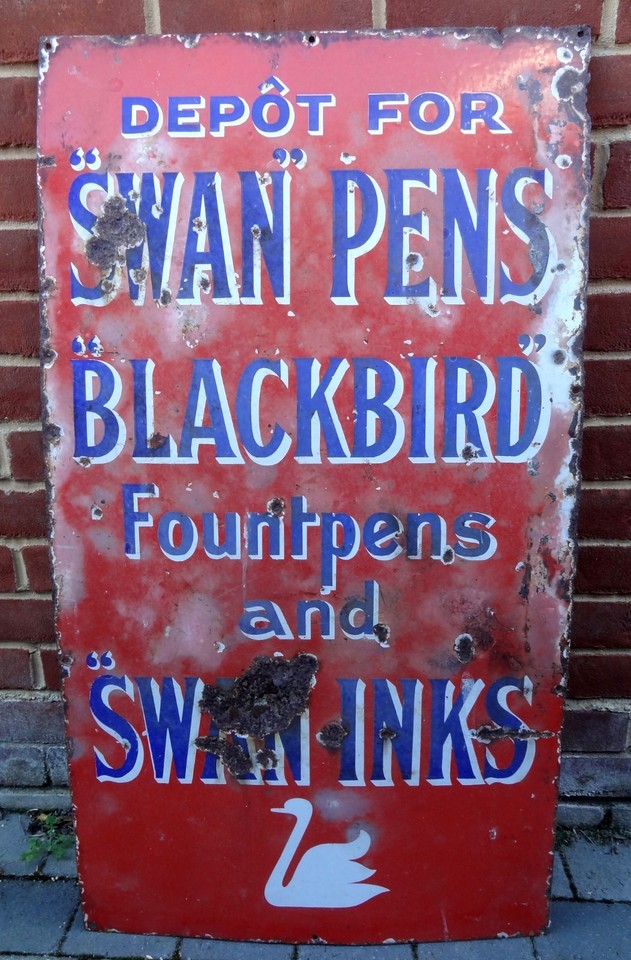 Rare Original Pre-War 40" x 22" Enamel Sign Advertising Swan Ink & Pens ...