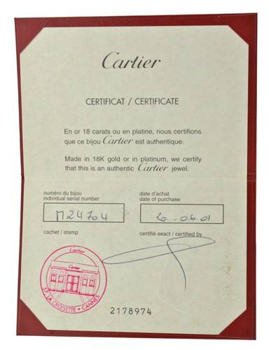Cartier Filled-out Jewel Certificate of Authenticity for 18k Gold or ...