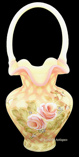 Fenton Heirloom Optics Burmese Diamond Optic Roses V51468 Basket Made ...