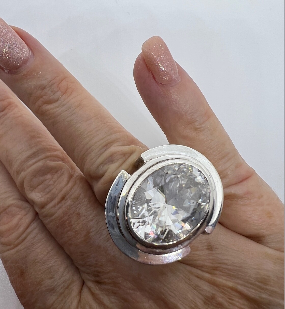 Bold Sterling Silver and Oval Crystal Vintage Ring - Gem