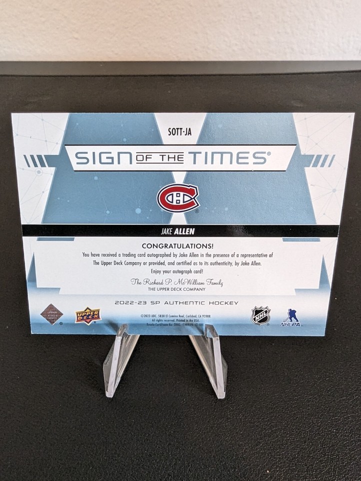 2022-23 SP AUTHENTIC JAKE ALLEN SIGN OF THE TIMES AUTO CANADIENS #SOTT ...