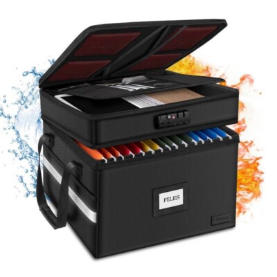Fireproof Document Box with Lock, ETRONIK 2 Layer File Box Organizer ...