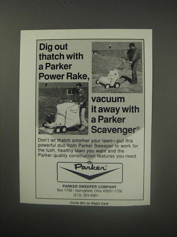 1990 Parker Power Rake and Scavenger Ad - Dig out thatch with a power ...
