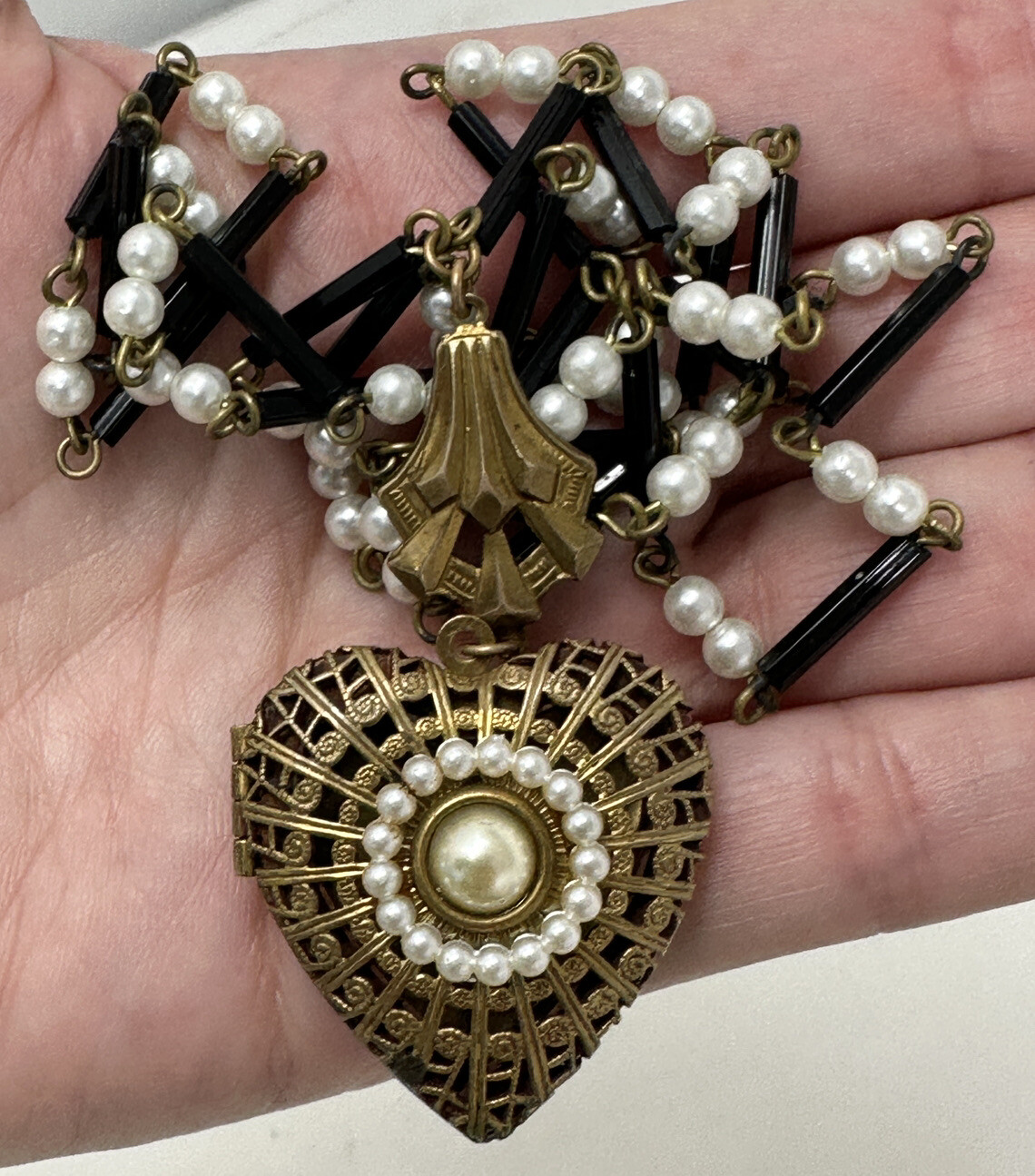 Vintage Art Deco Black Crystal Pearl Filigree Heart Love Locket Pendant ...