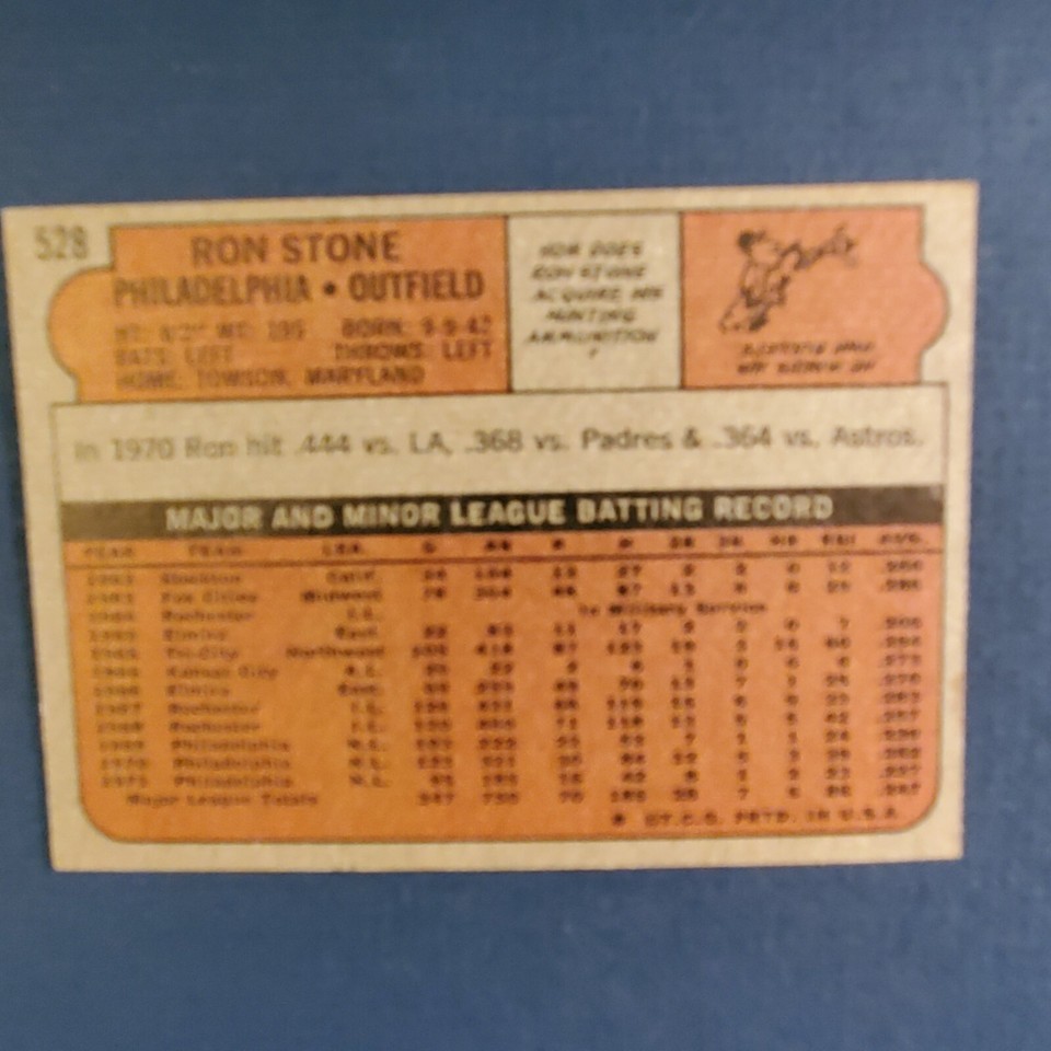 VINTAGE - 1972 TOPPS BASEBALL CARD "RON STONE" #528 PACK FRESH LOOK ...