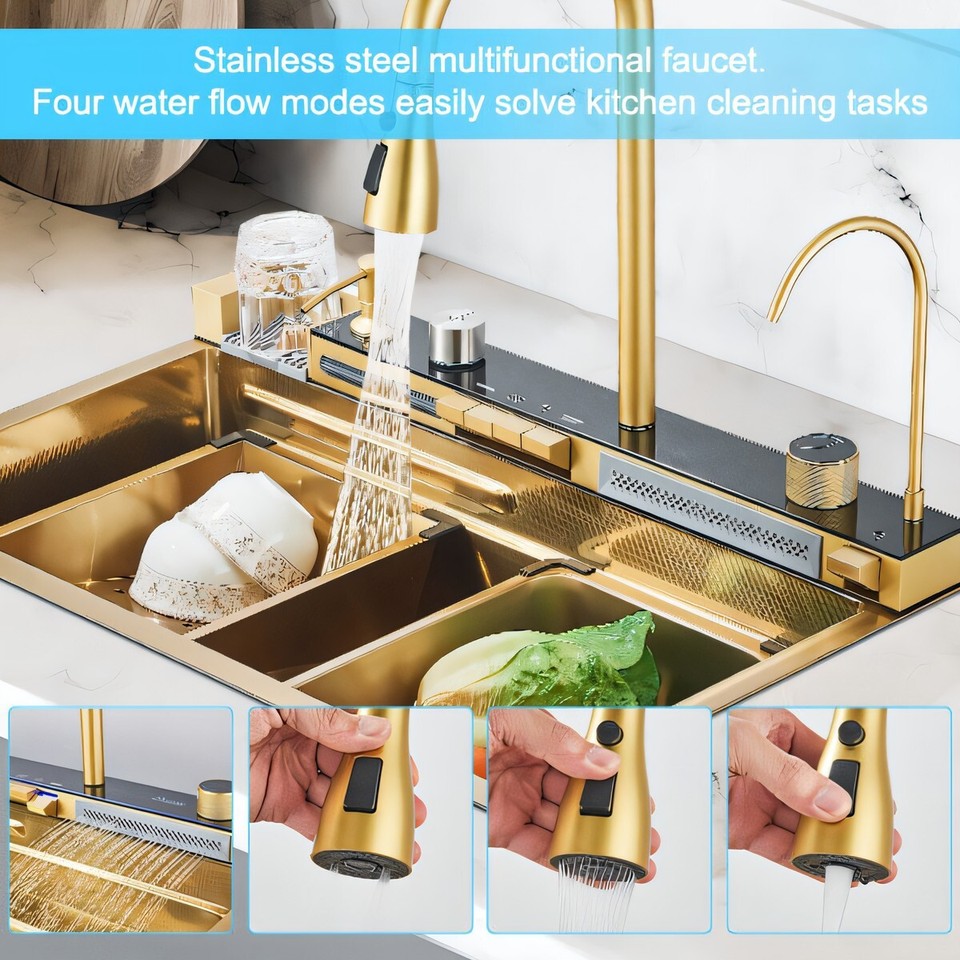 Gold Kitchen Sink Deluxe Flying Rain Waterfall Single Bowl Pull Out ...