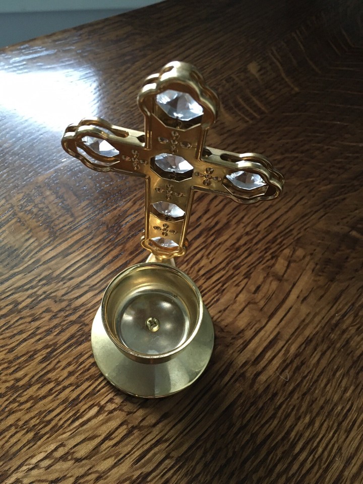Vintage Cross Mascot USA 24k Goldplated Austrian Crystal Candle Holder ...