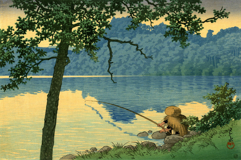 Japanese Art Woodblock Print Fishing, Lake Matsubara on a Morning ...