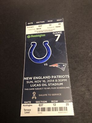 Colts Patriots 11/16/2014 Ticket Stubs Brady 2TD Vinatieri 2FG Gronk TD ...