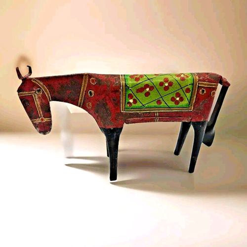 VTG Folk Art Metal Horse Donkey Mule Bull Figurine Hand Painted Red ...