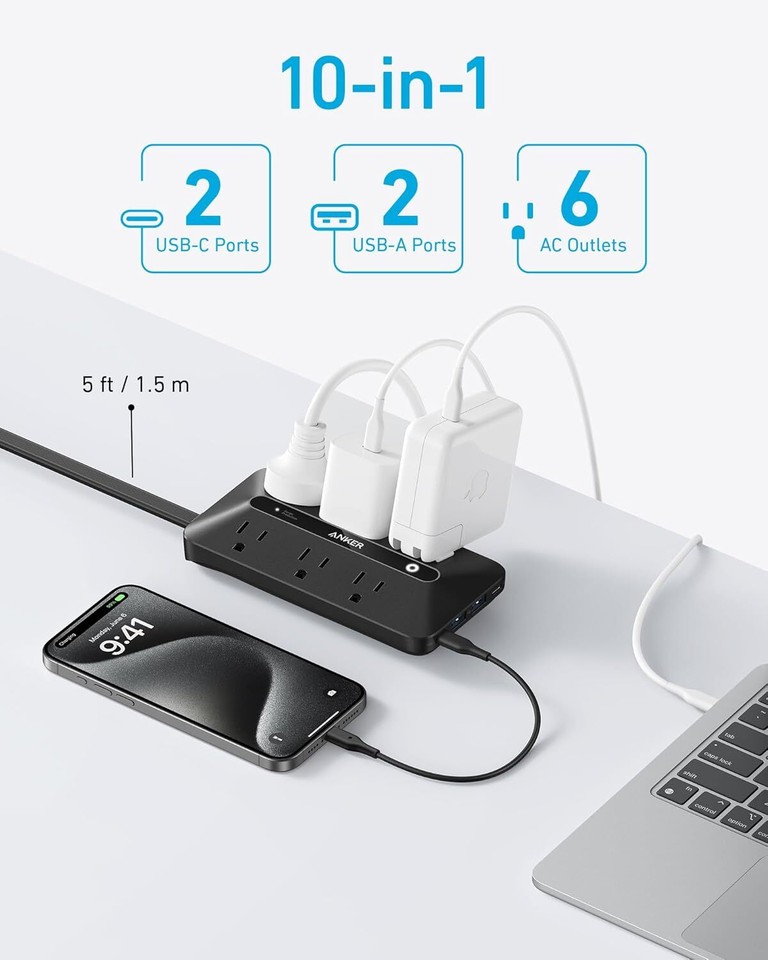 Anker 10-in-1 Flat Plug Power Strip 300J w/ 6 AC Outlet/2 USB/2 USB C Ports,5ft | eBay