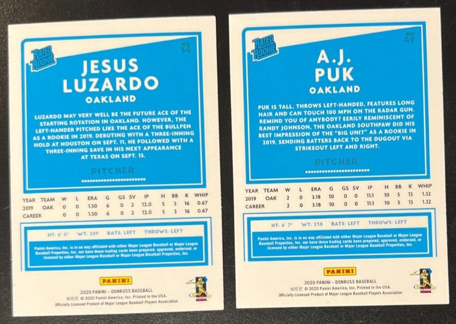2020 Panini Donruss AJ Puk 49 and Jesus Luzardo 34 A's Rated Rookie RC ...