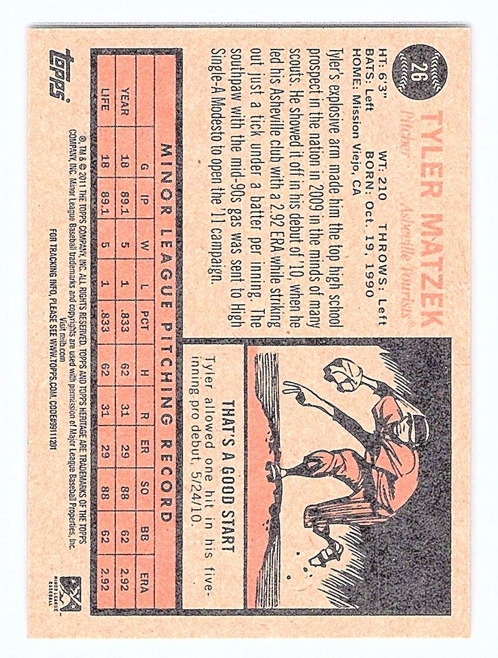 2011 Topps Heritage Minor League Tyler Matzek #26 Asheville Tourists | eBay