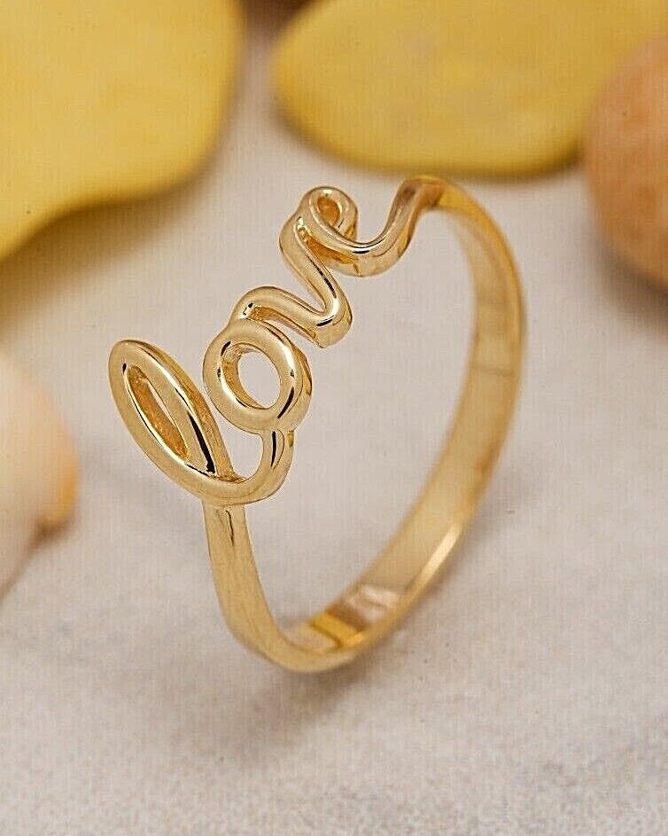 Real 14K Solid Gold Love Ring, Script Love Ring, Dainty Love Ring | eBay