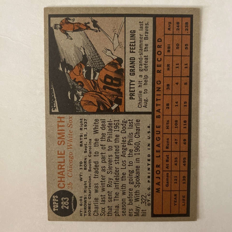 1962 Topps Baseball Charlie Smith Chicago White Sox Card #283 | eBay