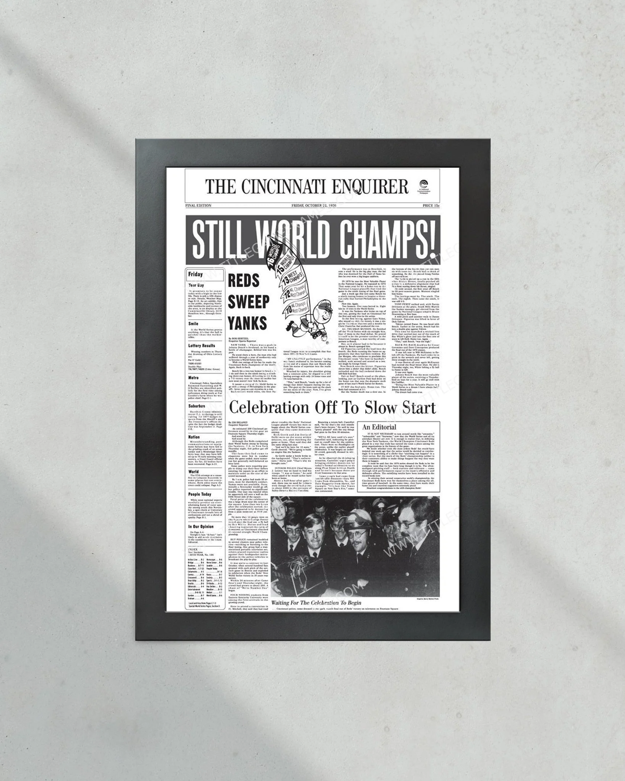 1976 Cincinnati Reds World Series Champions Framed Front Page Newspaper ...