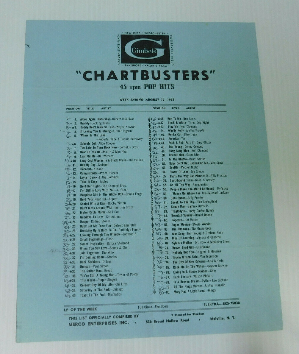 Gimbels Chartbusters 45 RPM Pop Hits Chart August 19 1972 Gilbert O ...