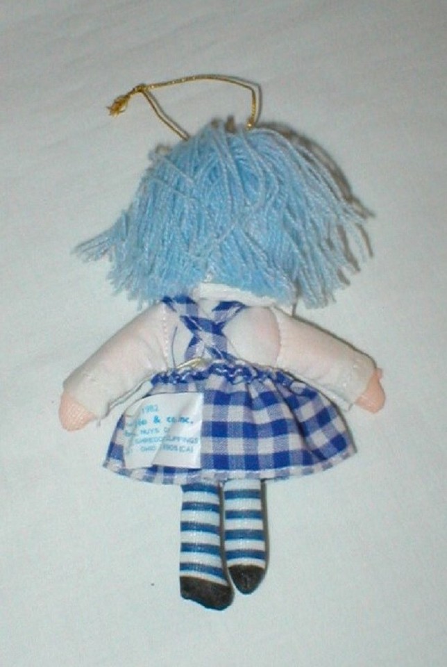 Vtg 1982 Mini 4" Cloth Doll Yarn Hair Blue & White Plaid Dress Wallace ...