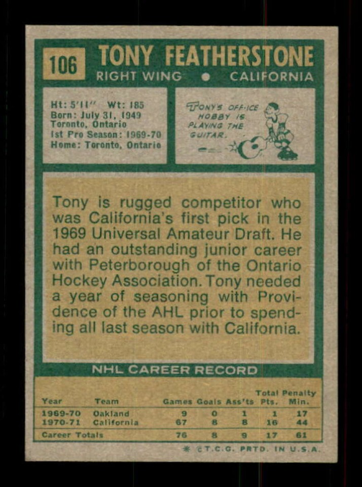 1971-72 Topps #106 Tony Featherstone EX/EX+ RC Rookie Seals 546073 | eBay