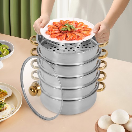 5-Tier 5L Cooking Pot Round Steamer Baskets Stainless Steel Lid Home ...