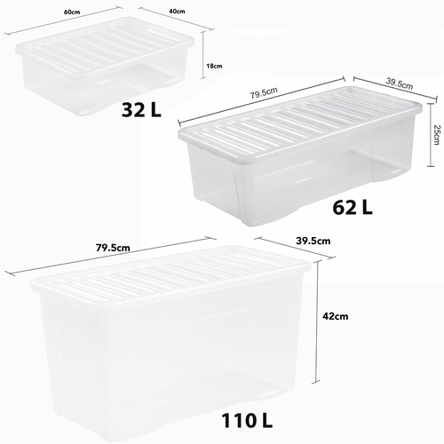 32L/62L/110L Clear Plastic Storage Boxes with Lids Stackable Containers ...