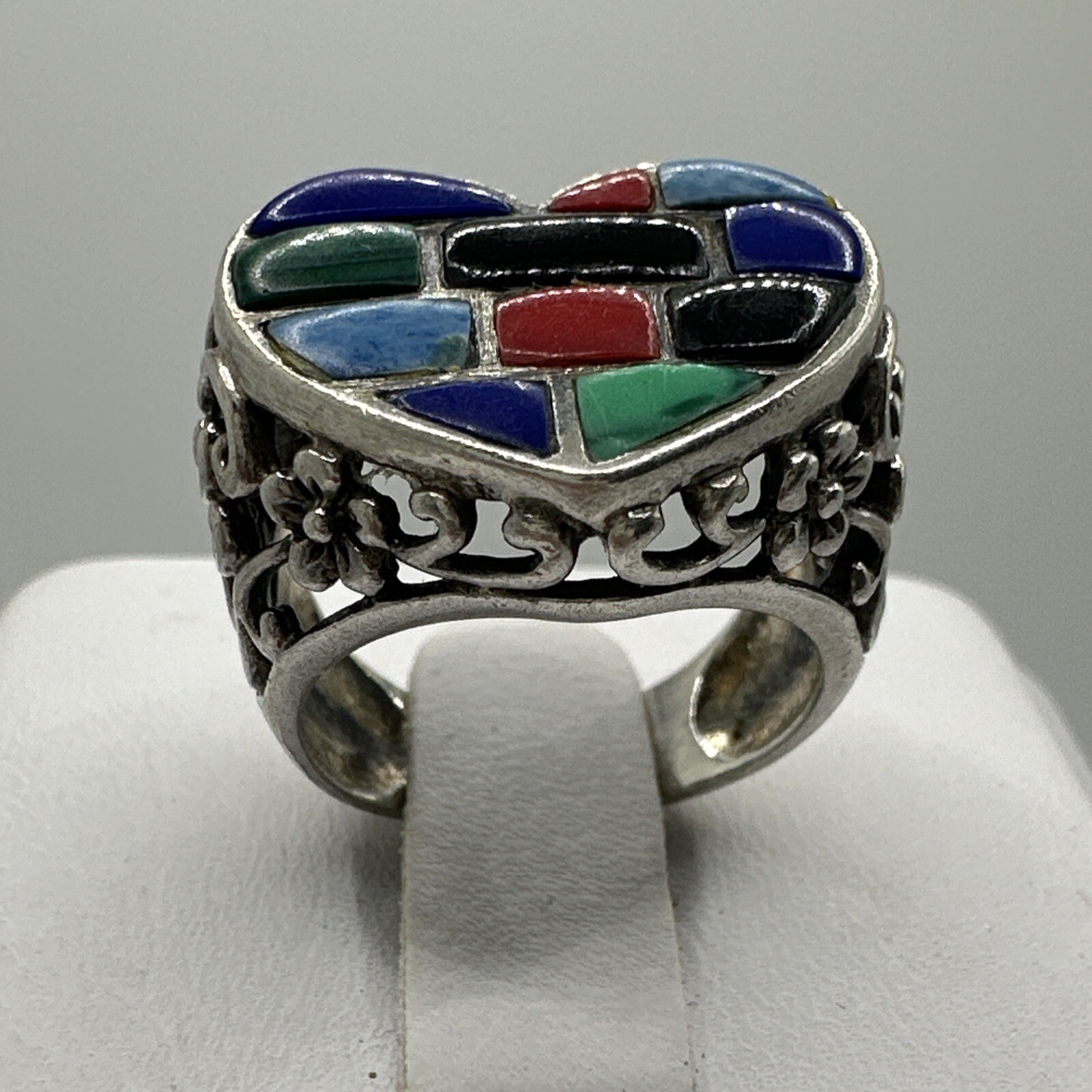 Multi Gemstone Ring Sterling Silver Heart Southwest T… - Gem
