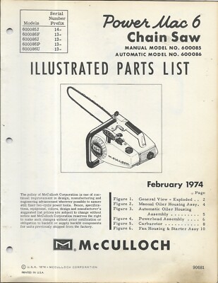 MCCULLOCH POWER MAC 6 CHAIN SAW Feb 1974 Model 600085J Illustrated Part ...