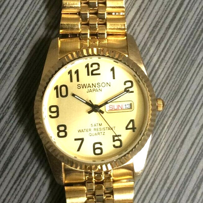 Swanson Men's Gold Watch Round Gold Day & Date Dial Linked Band ...