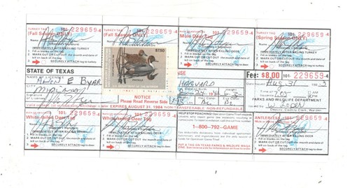 US SCOTT# RW50 ON STATE OF TEXAS HUNTING LICENSE | eBay