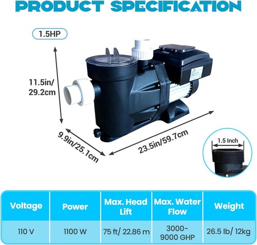 1.5HP In/Above Ground Swimming Pool Sand Filter Copper Pump Motor w ...